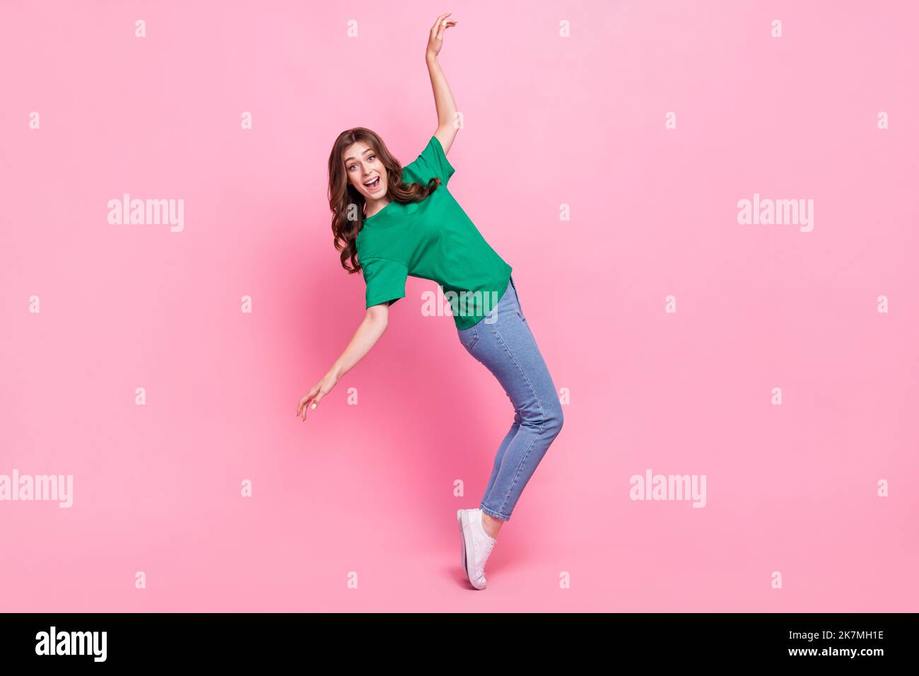 Full length photo of overjoyed childish person lady good mood stand ...