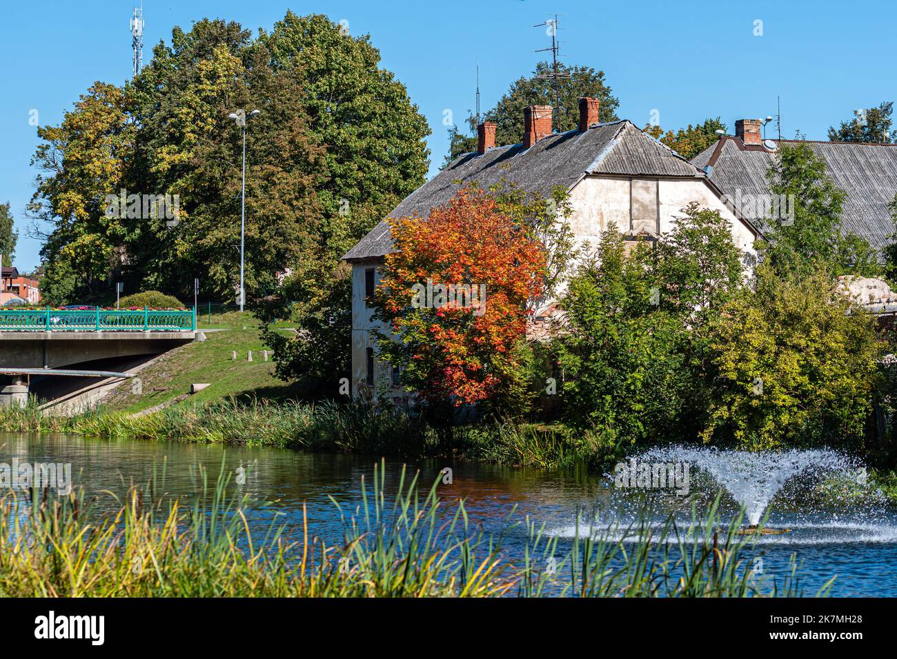 Dobele. Latvia. Autumn landscape with an old mill building by the river ...
