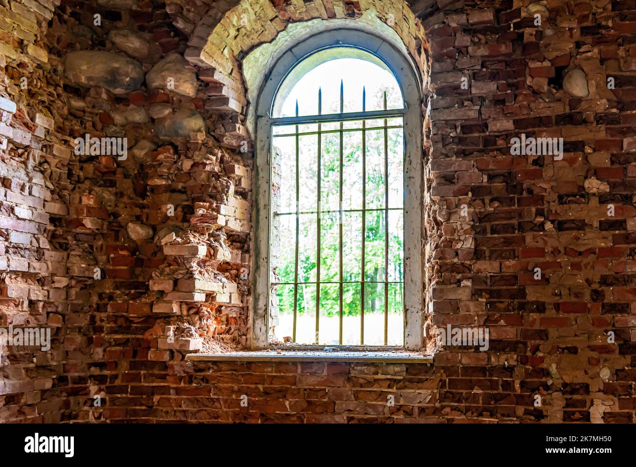 inside interior of an old abandoned church in Latvia, Galgauska, window ...