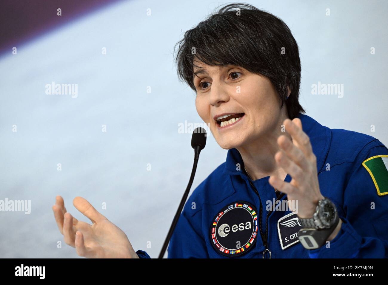 18 October 2022, North Rhine-Westphalia, Cologne: Samantha Cristoforetti, ESA astronaut, answers ...
