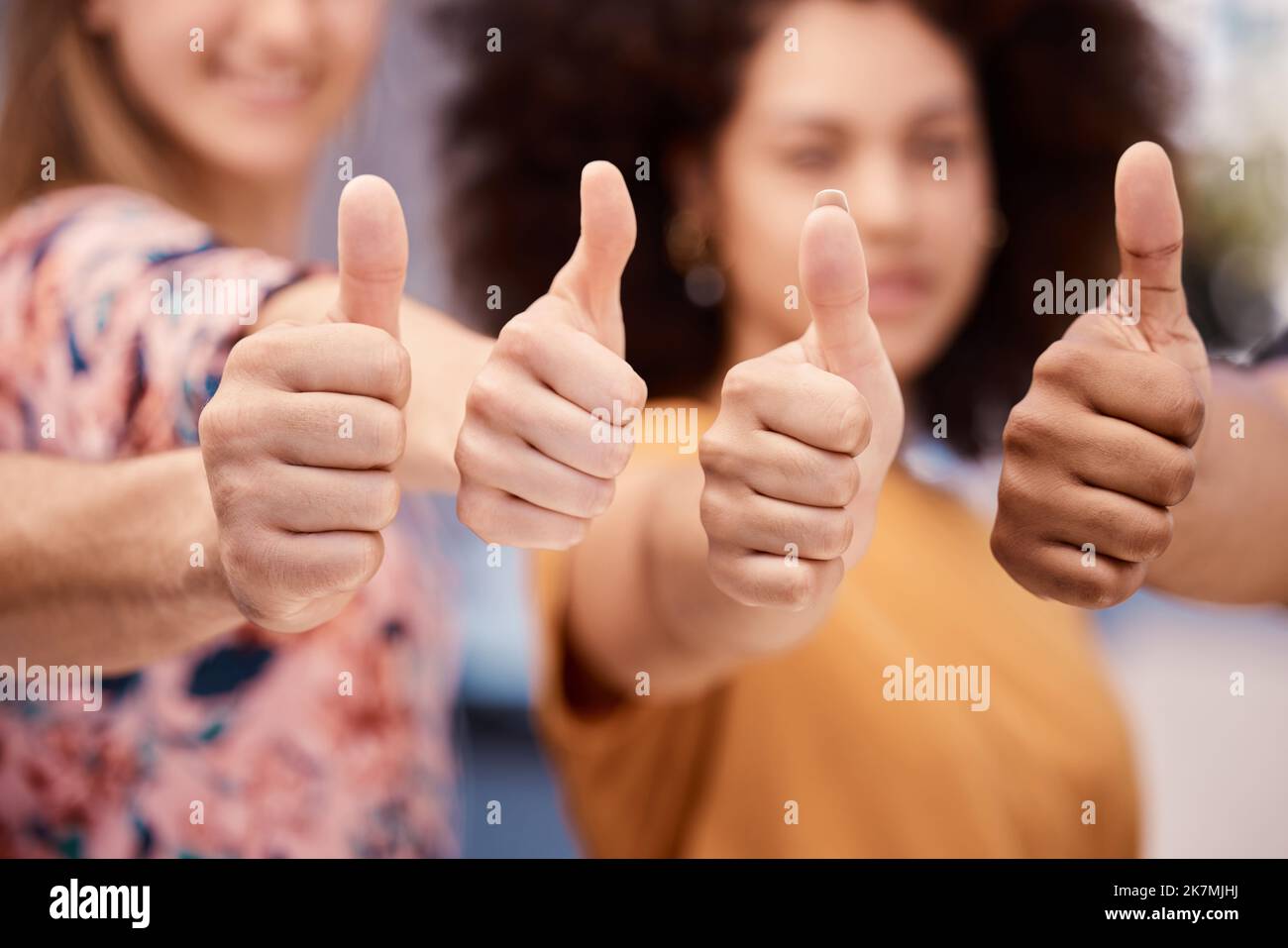 Thumbs up, success and goal of people in community with solidarity ...