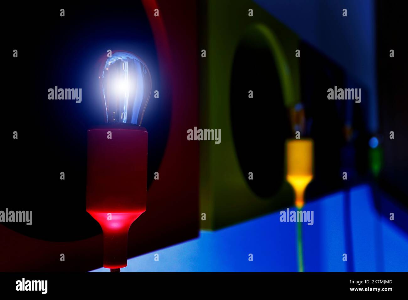 detail of several light bulbs lit in blue color and cold tone, light ...