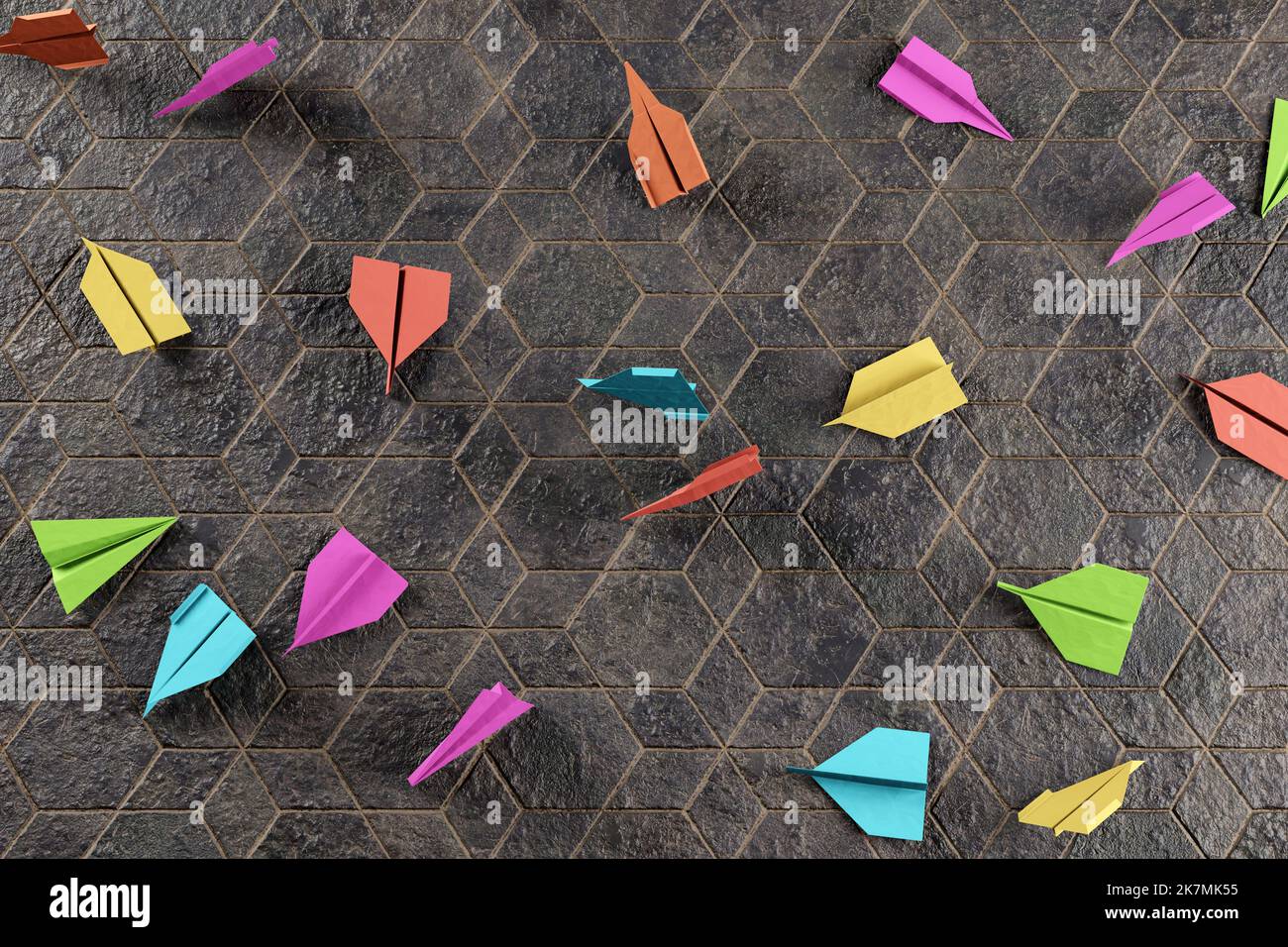 Different types of paper planes on the tiled floor. Illustration of the ...