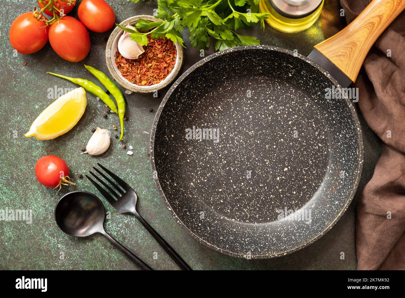 Food cooking background with Frying pan. Empty skillet, vegetables ...