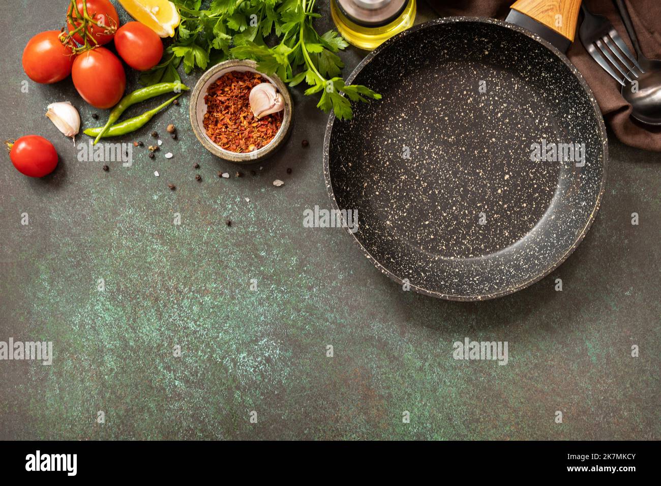 Food cooking background with Frying pan. Empty skillet, vegetables ...
