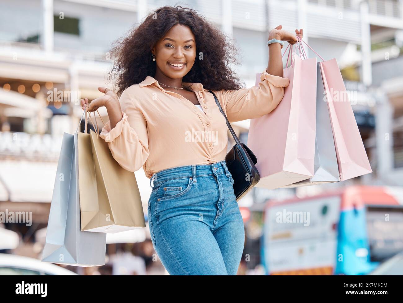 Excited black woman portrait, shopping bag and city consumer smile for ...