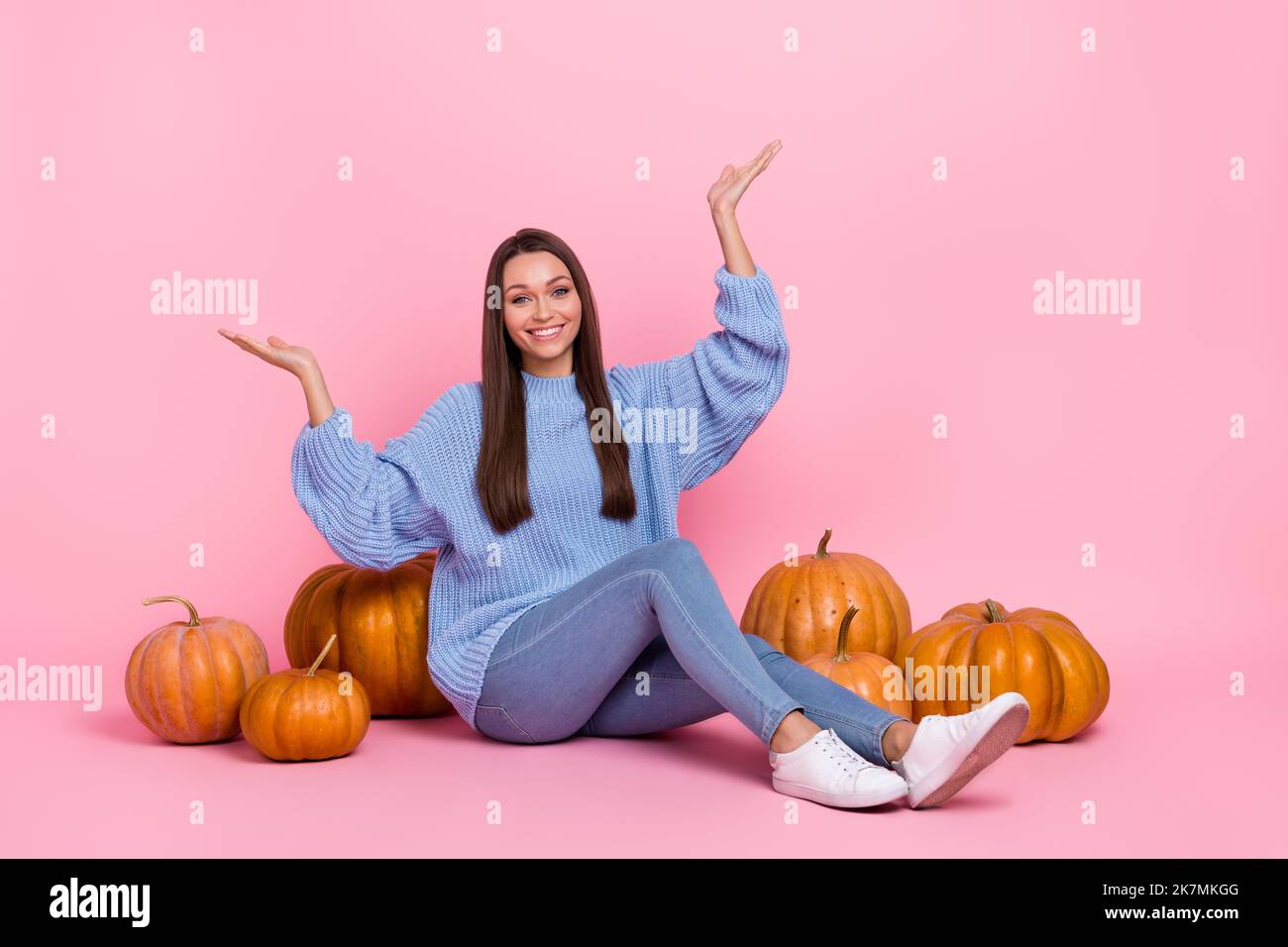 Full body photo of sweet millennial brunette lady sit with pumpkin wear ...