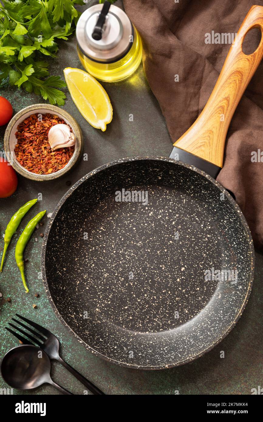 Food cooking background with Frying pan. Empty skillet, vegetables ...