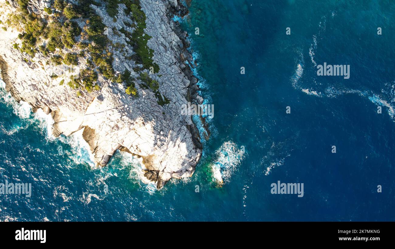 Rock surrounded by water Aerial panoramic top sea view Paradise ...