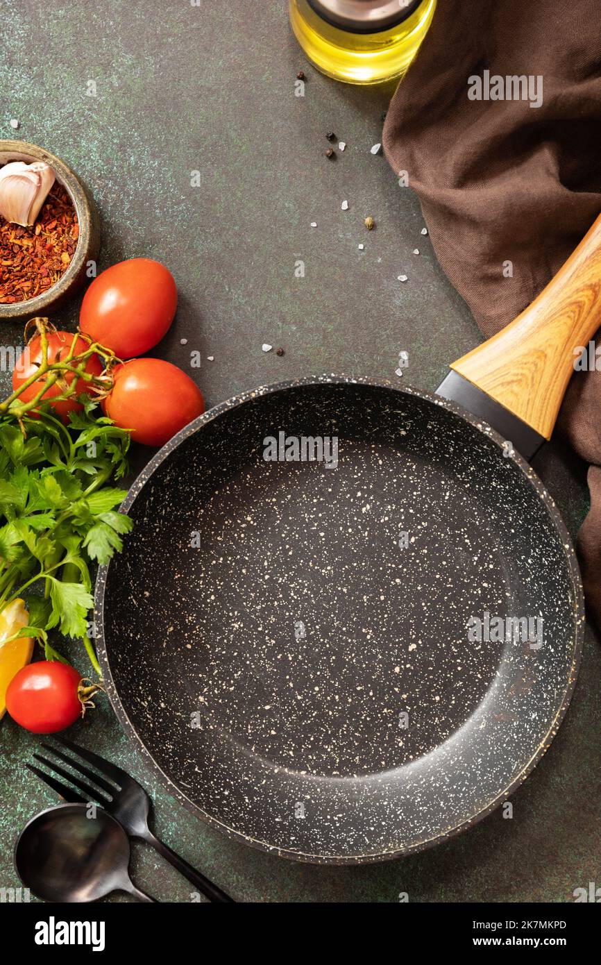 Food cooking background with Frying pan. Empty skillet, vegetables ...