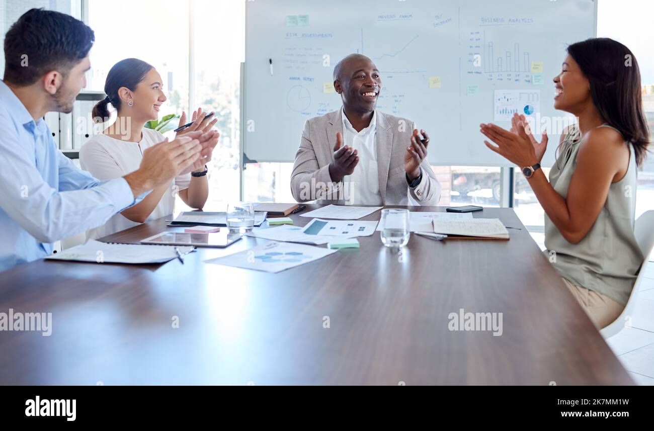 Business people, meeting and clapping in boardroom for success ...
