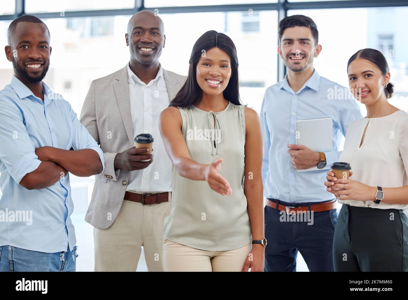 Welcome, group and handshake in office at business for onboarding with ...