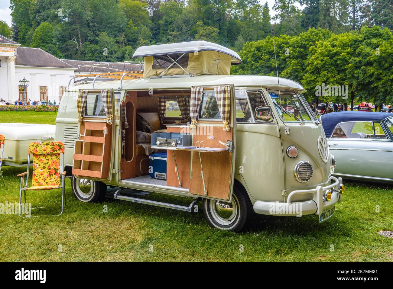 BADEN BADEN, GERMANY - JULY 2019: beige white VOLKSWAGEN WESTFALIA ...