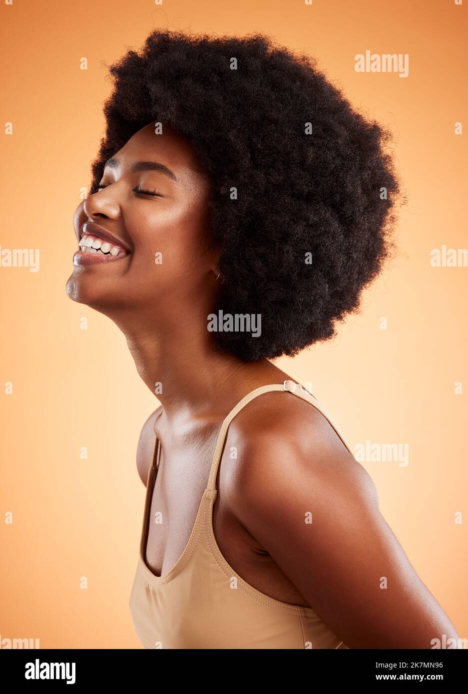 Happy black woman, cosmetic beauty and natural skincare or haircare ...