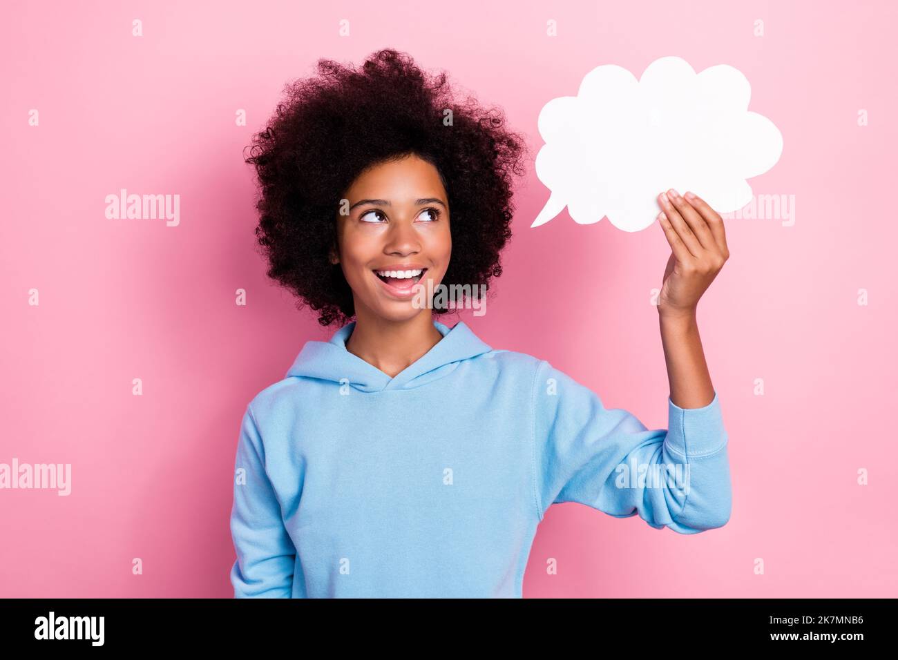 Photo portrait of charming small girl holding look paper copy space ...