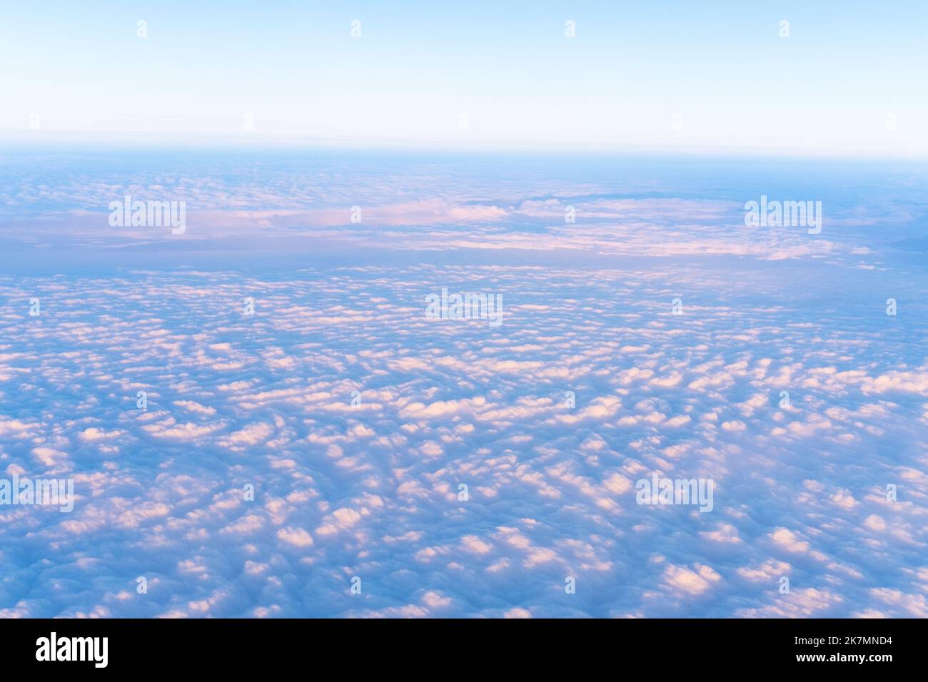 Background of a pink heavenly sky with fluffy dense clouds, top view ...