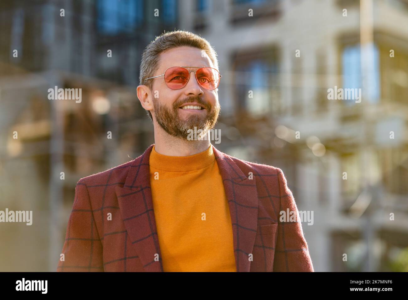 happy man wear trendy fashion glasses. fashion man in trendy jacket ...