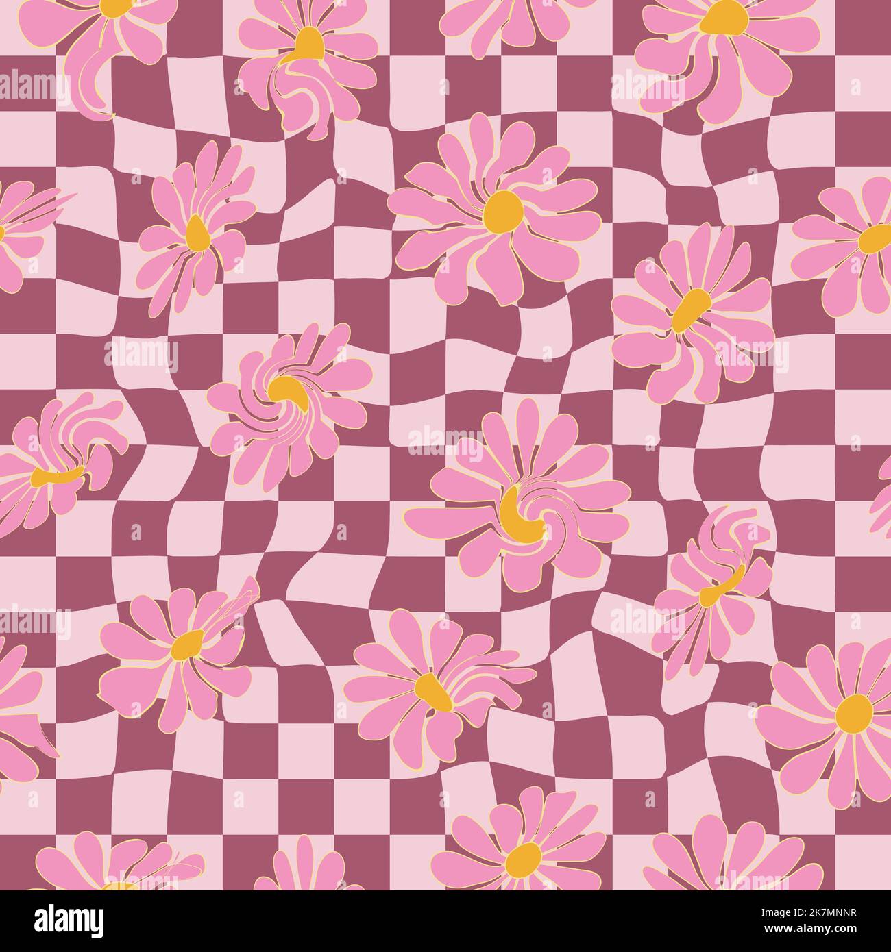 Daisy flower seamless on distorted checkered background. Flat vector ...