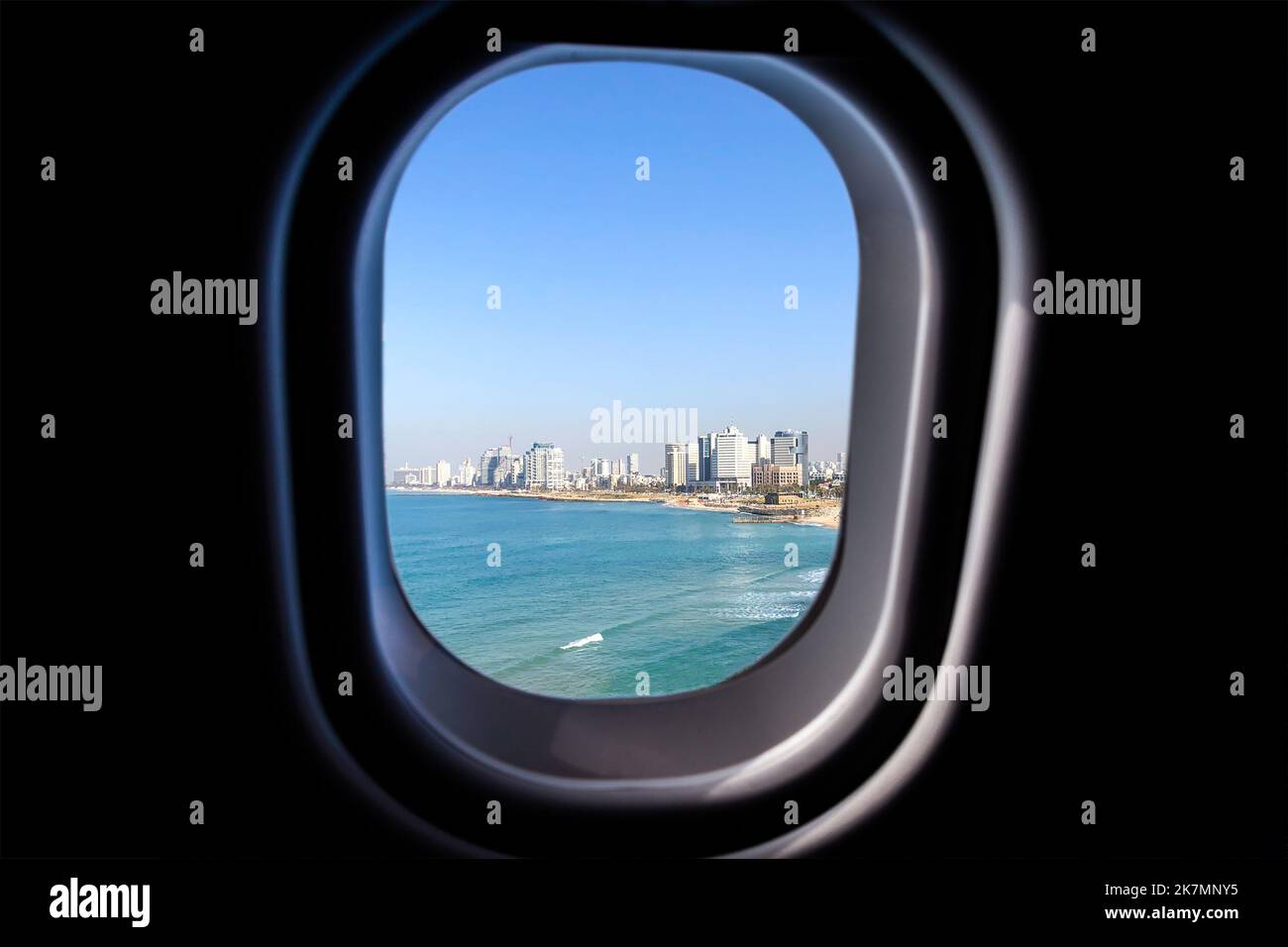 View through a jet plane window on Tel Aviv beach in Israel Stock Photo ...