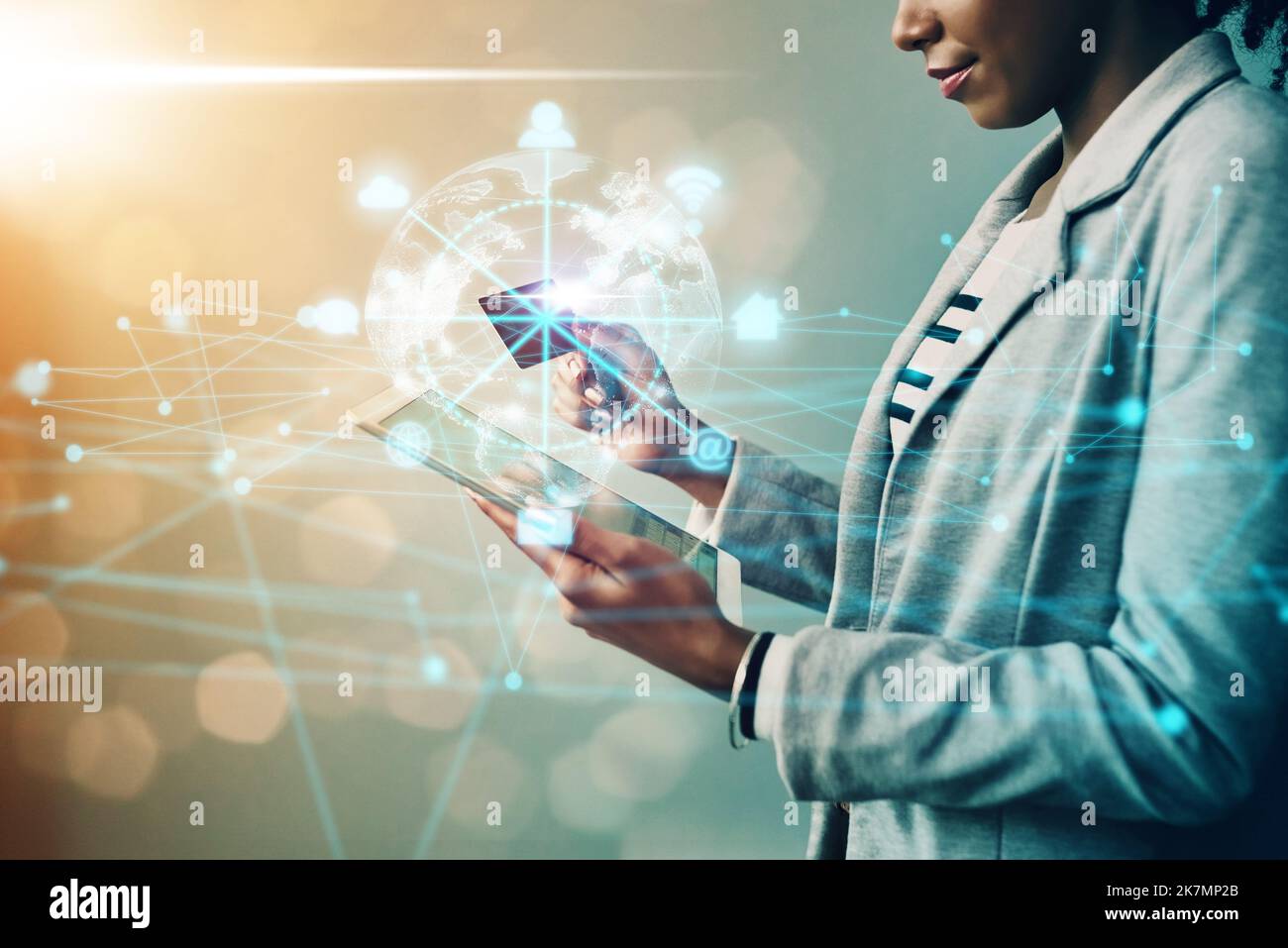 Online shopping tablet, ecommerce and fintech networking, hologram and financial world data ...