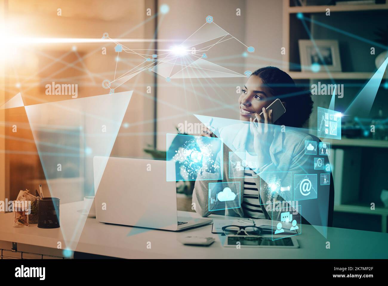 Office, technology and phone call, woman with hologram for cloud ...