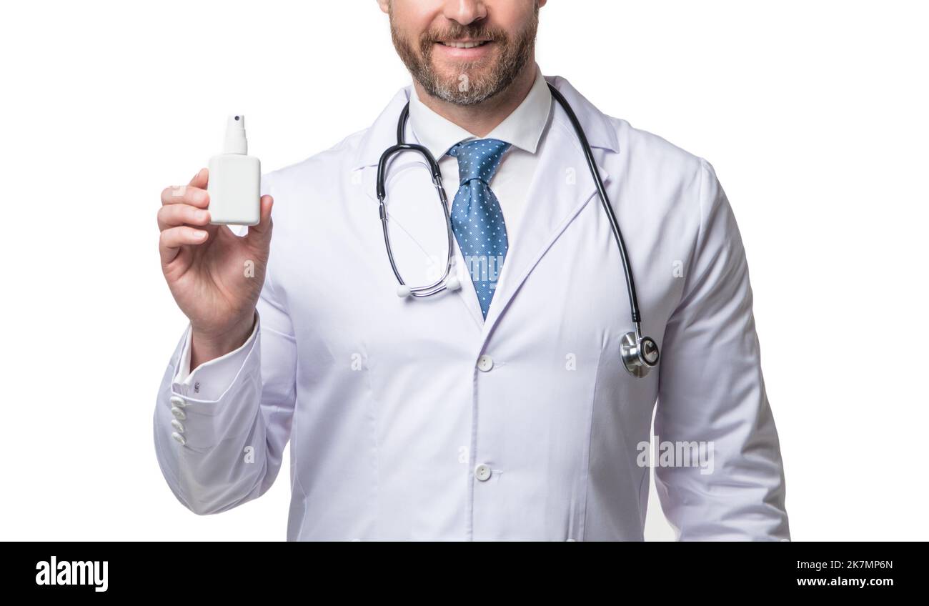 nasal medication. cropped view of doctor hold nasal drop. man with ...