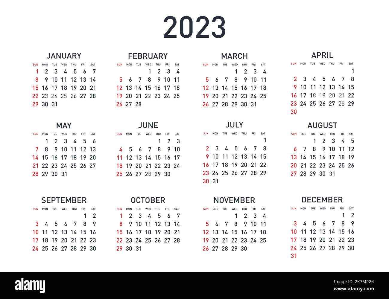Calendar 2023 year. Black and white vector template. Week starts on ...