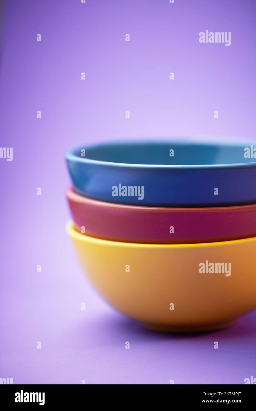 Color, container and group of ceramic bowl, kitchen equipment or ...