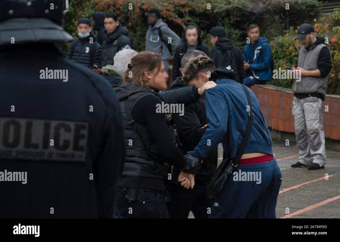Nanterre, France. 18th Oct, 2022. Riot police detain youngsters after ...