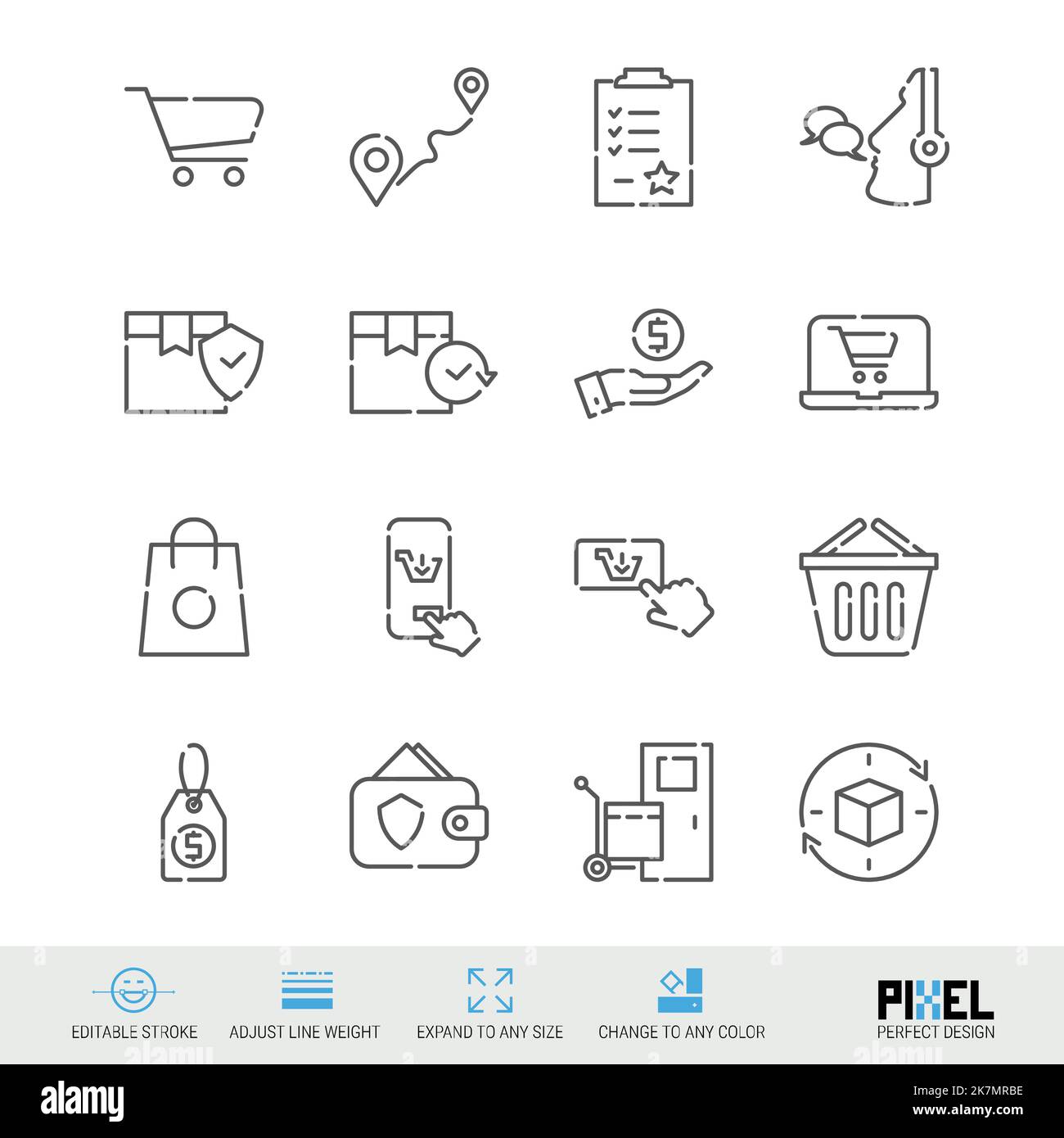 Purchase and delivery related vector line icon set isolated on white. Pixel perfect design ...