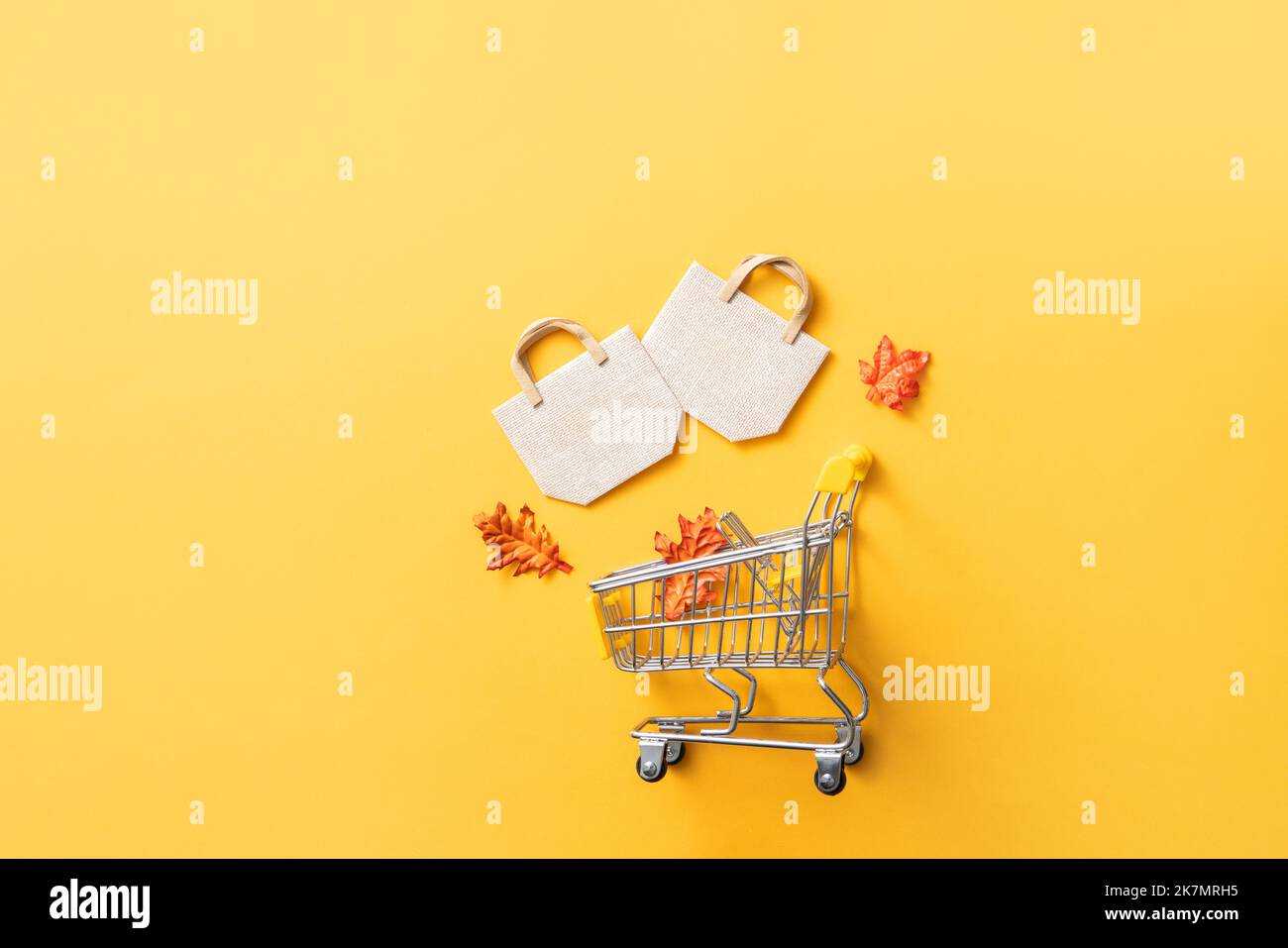 Autumn shopping design concept with shopping cart and maple leaves on ...