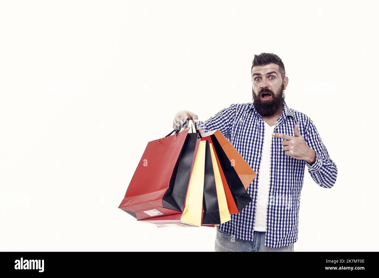 Man happy consumer hold shopping bags. Buy and sell. Consumer ...