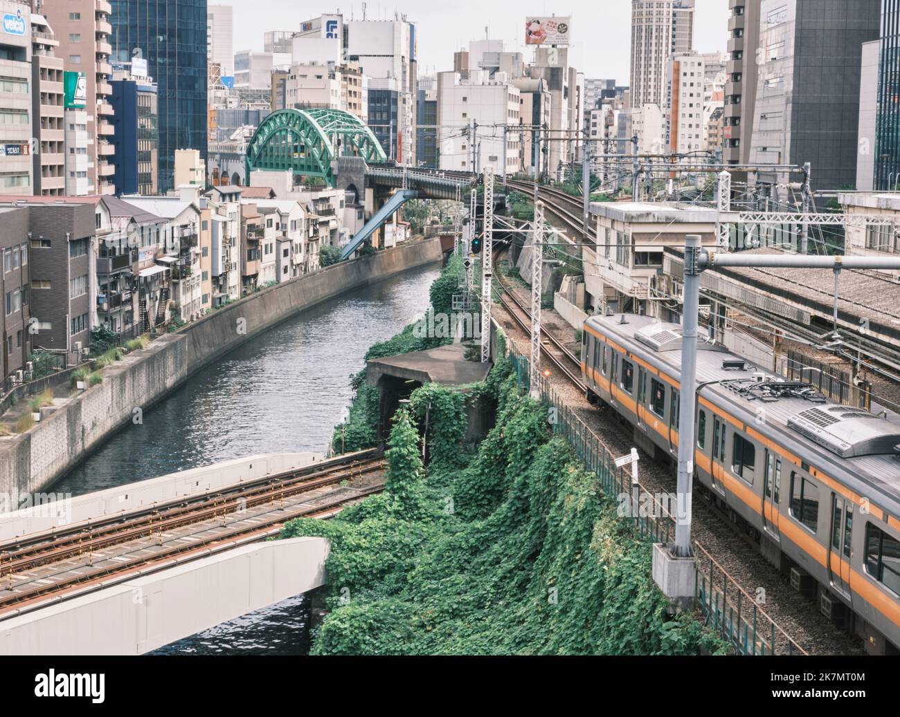 An arial shot of the bridge over the river in Ochanomizu Tokyo with a ...