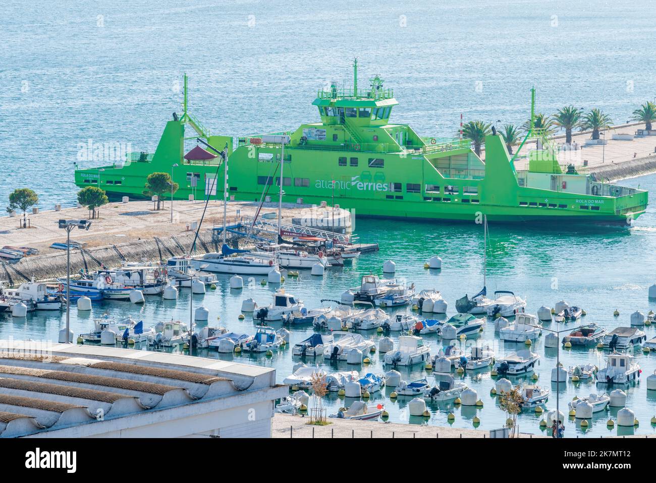 A view of the Atlantic Ferries Ferry leaving the Doca do Comercio ...