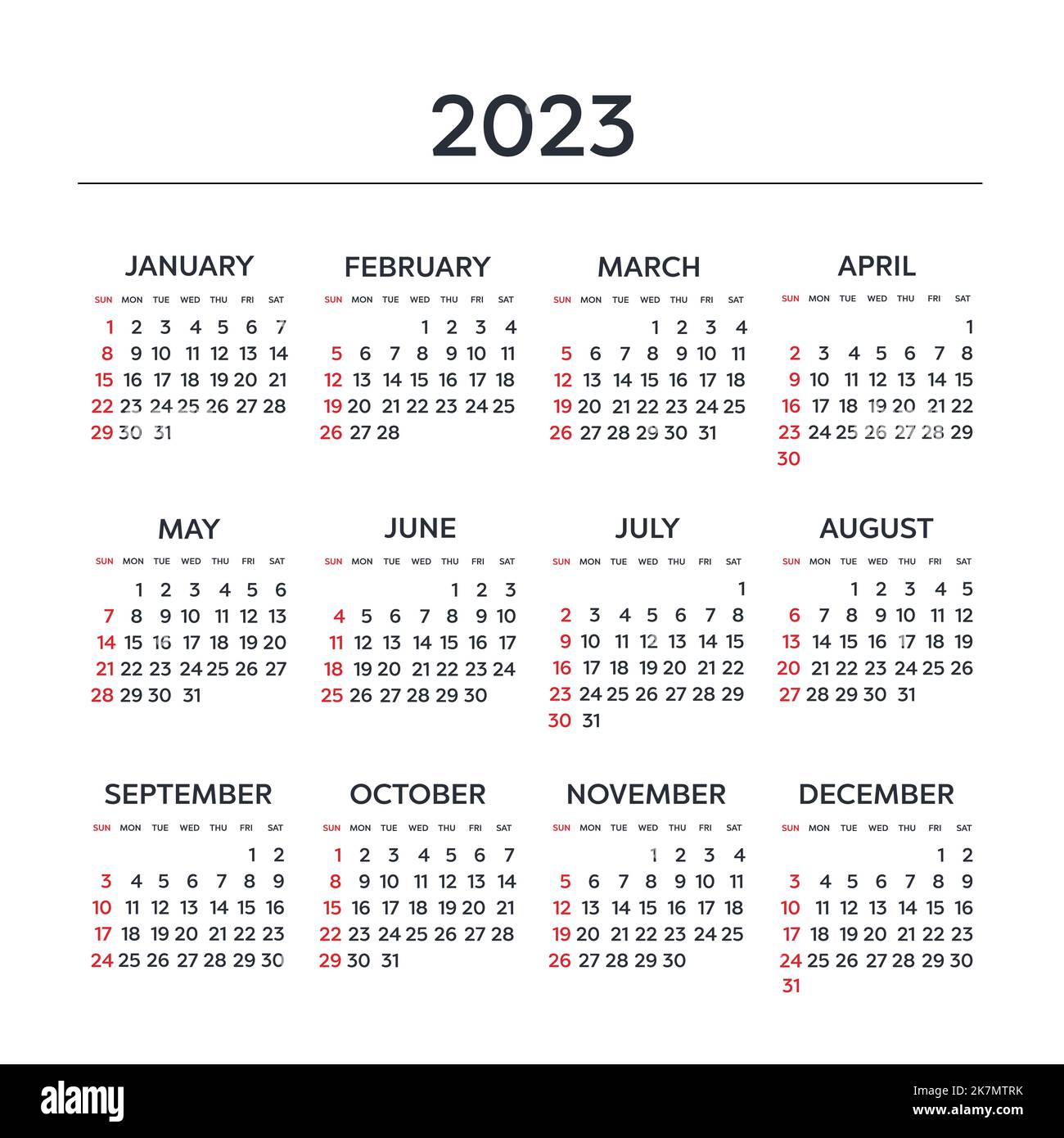Calendar 2023 year. Black and white vector template. Week starts on ...
