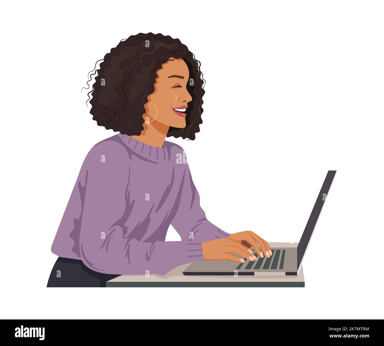A mulatto girl in a purple blouse works sitting at a laptop. Style ...