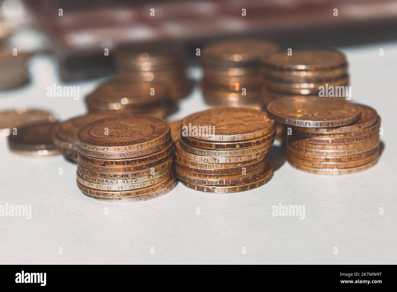 Piles of coins . Cash money stack . Nickel and copper. Numismatist ...