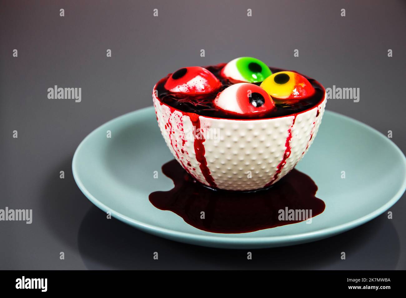 A close up of a bowl full of eyeballs and dripping blood candy Stock ...