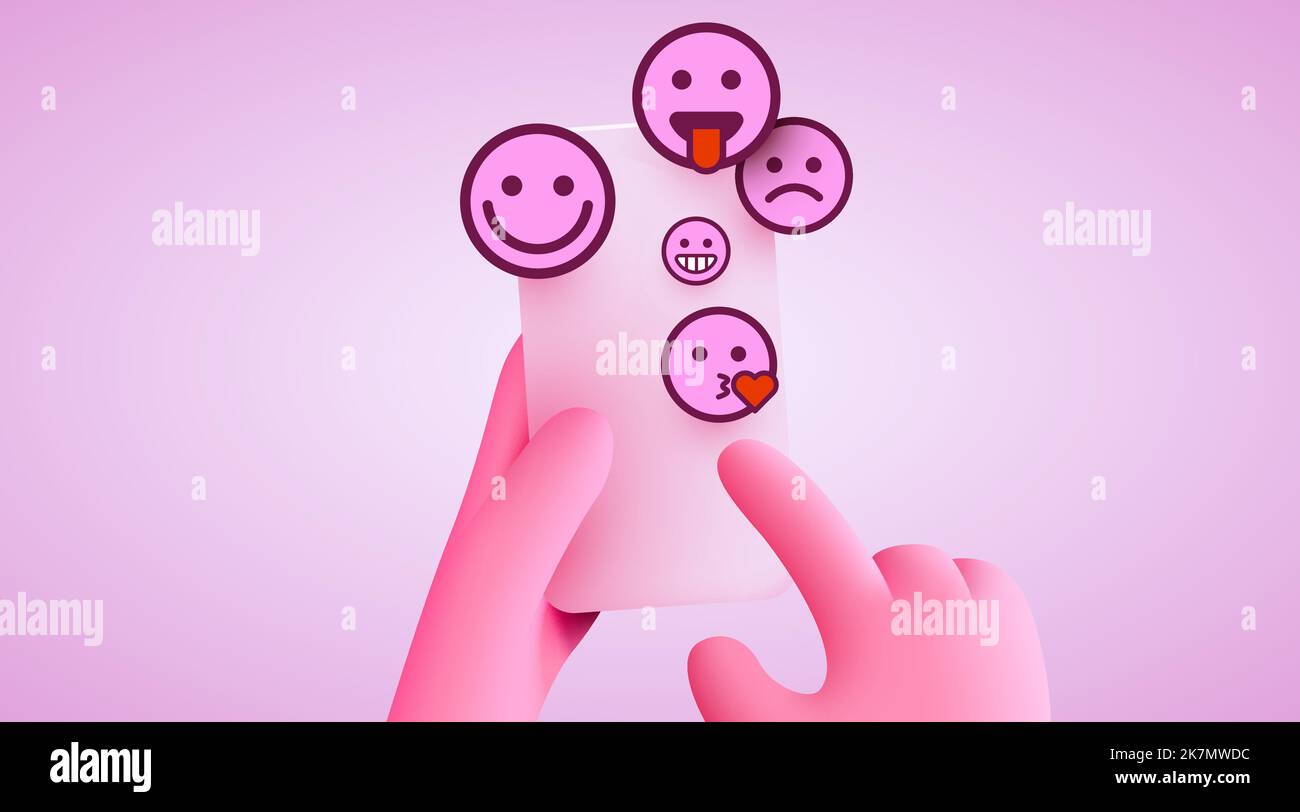 Hand holding phone emoticons. Social media and messenger chatting ...