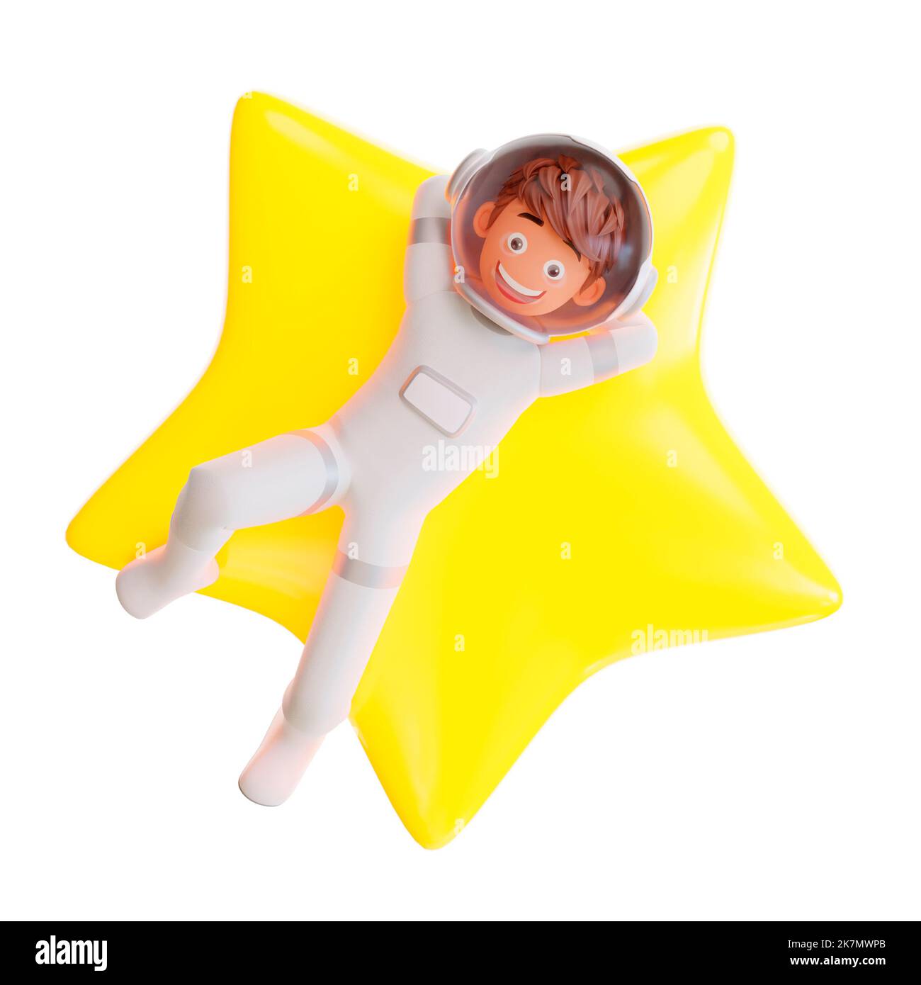 A 3D rendered happy astronaut laying on a big yellow star isolated on a ...
