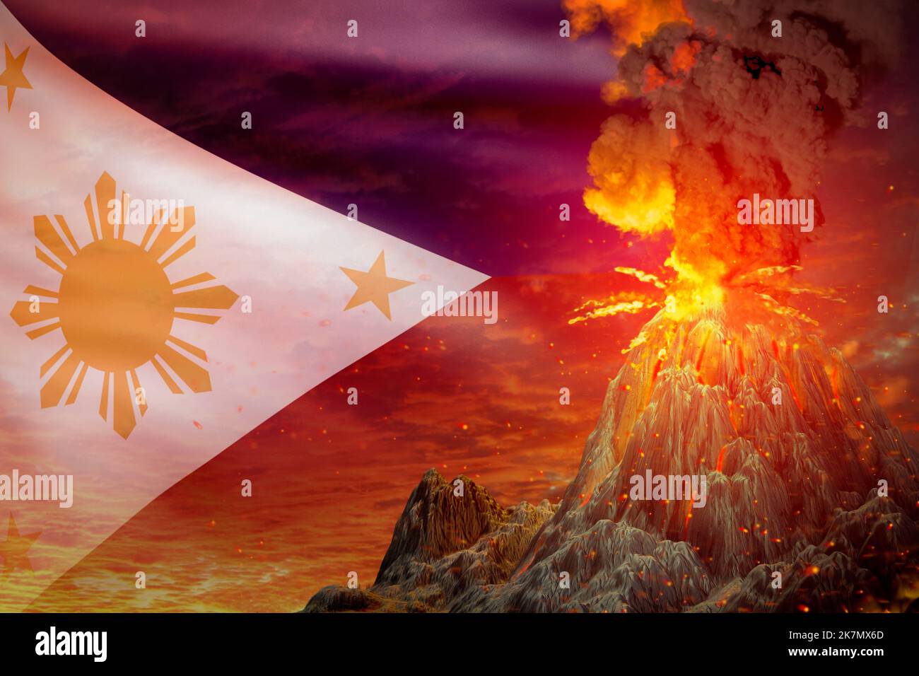 conical volcano eruption at night with explosion on Philippines flag ...