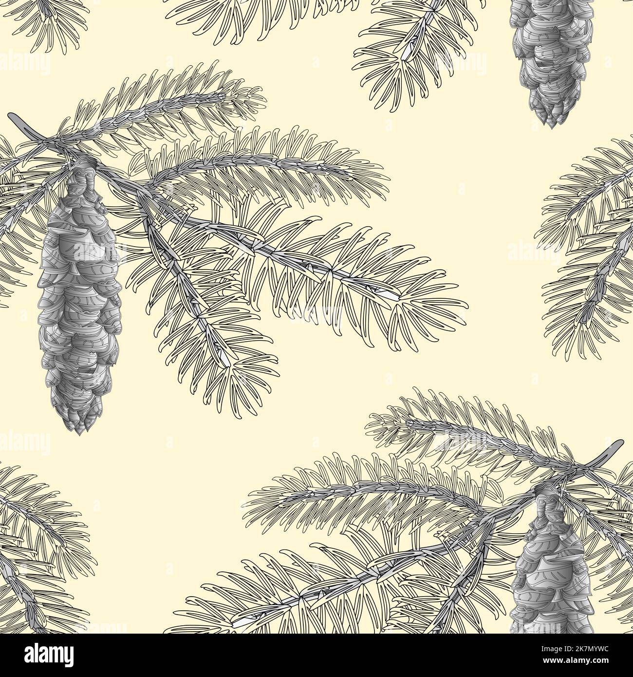Seamless texture Spruce branch with cone as vintage engraving Vector ...