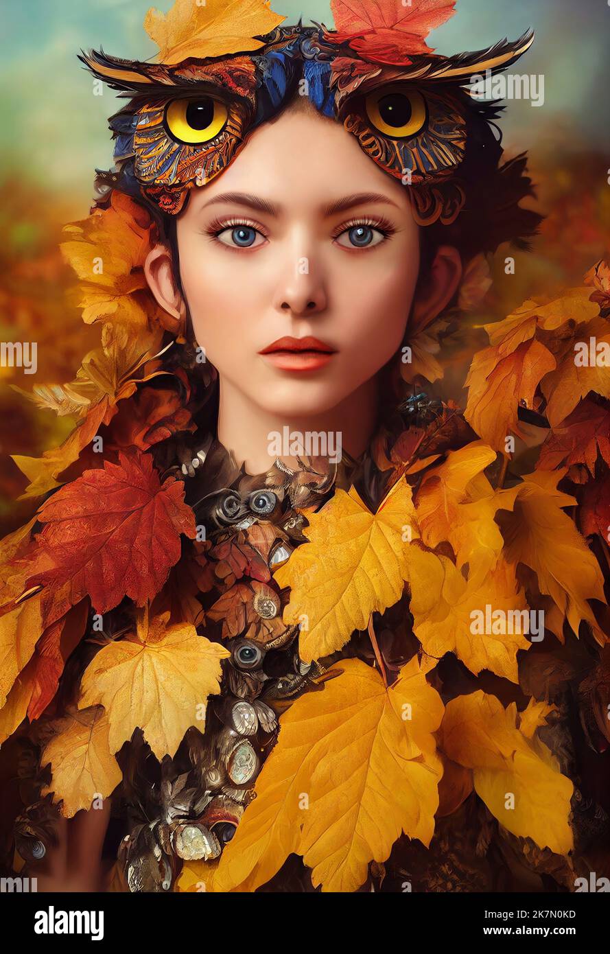 Illustration of autumn forest witch or fairy or nymph in autumn leaves ...