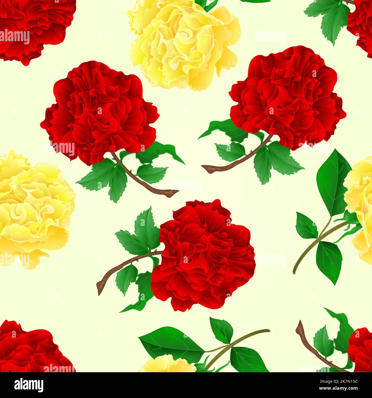 Seamless texture twig red and tea roses stem with leaves vector ...