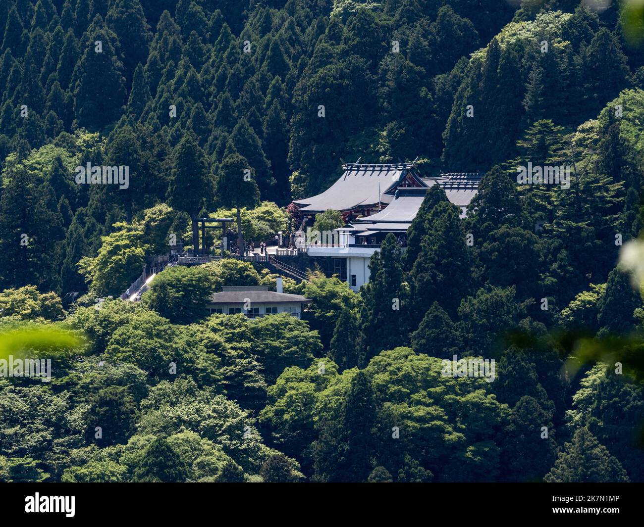 The Oyama Afuri Shrine, as seen from a nearby mountainside in Isehara ...
