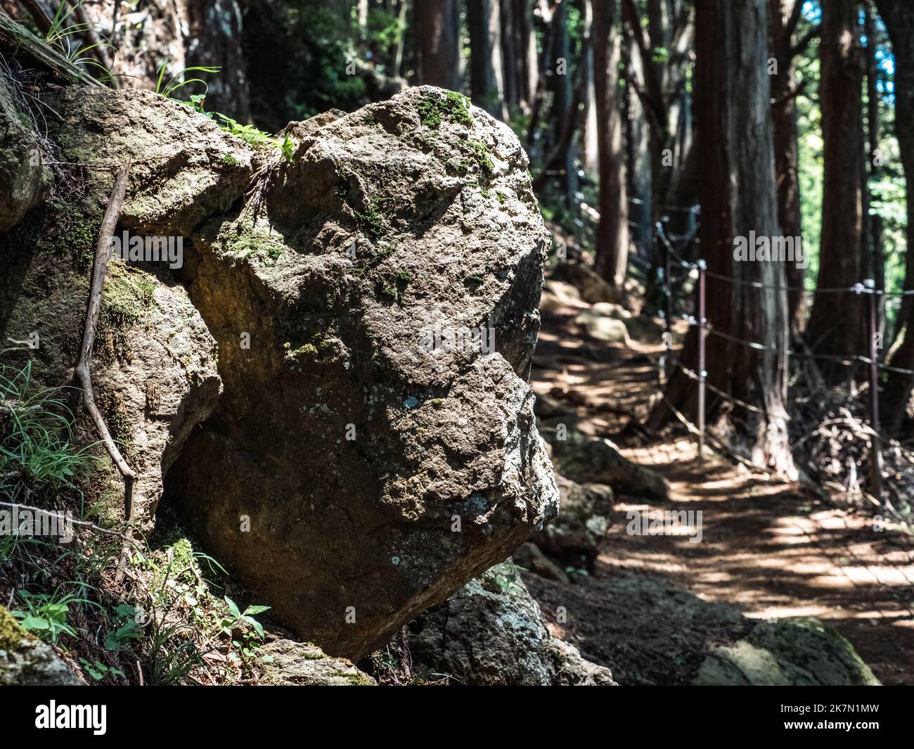 A rock jutting out along a mountainside hiking trail near Oyama Afuri ...