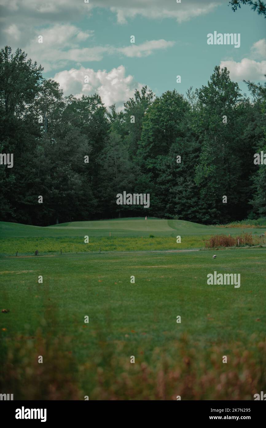 A vertical view of the Hamilton Golf Club field and trees under the ...