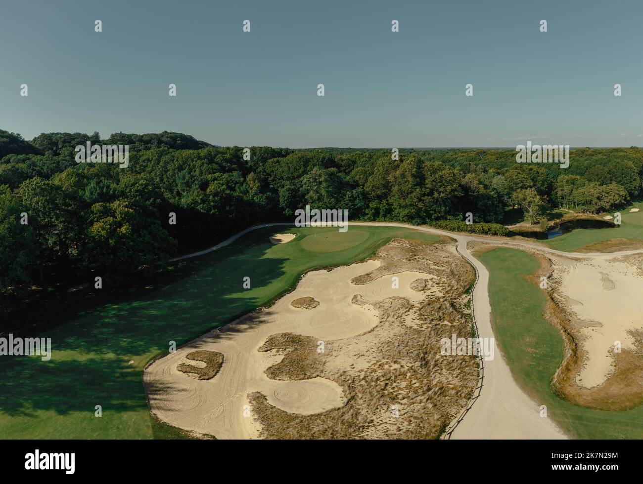 An aerial view of the American Dunes Golf Club field under the blue sky ...
