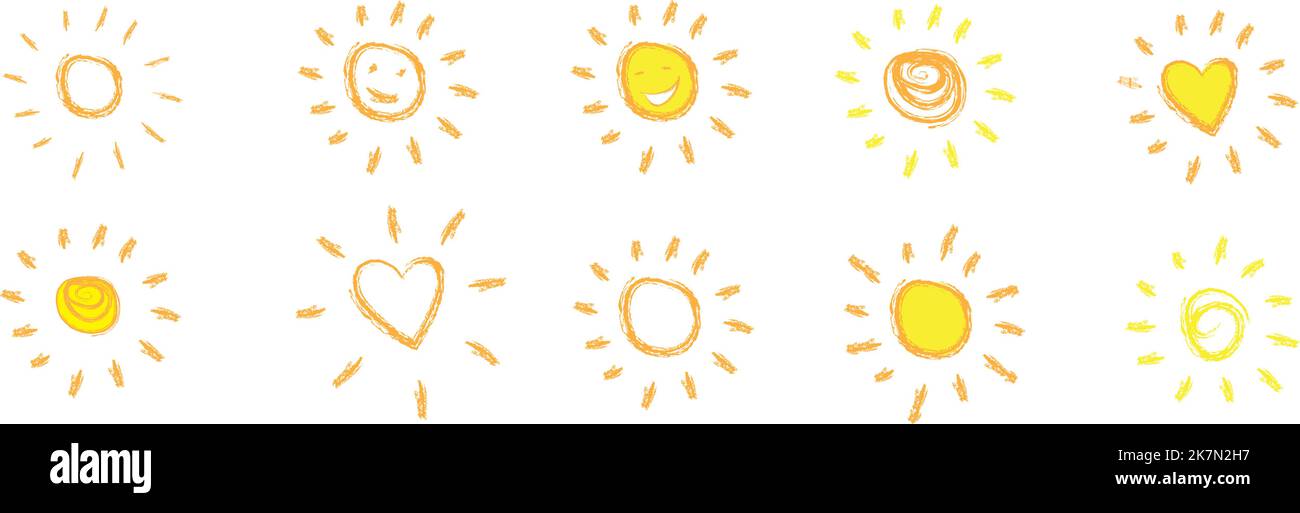 A set of simple childish hand drawn of yellow, orange sun for ...