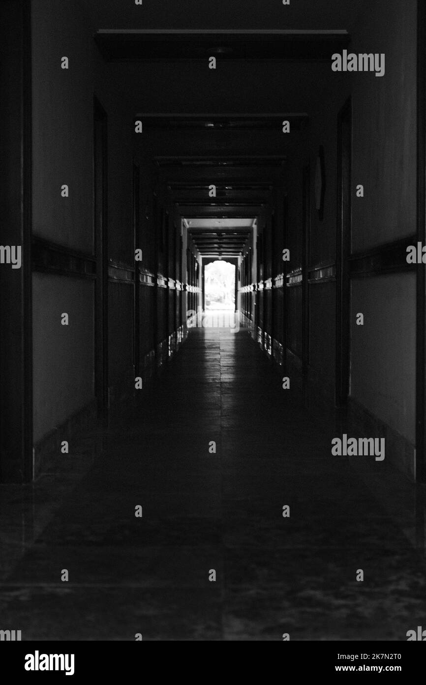 A vertical shot of a long hall corridor with a rooms in both sides ...